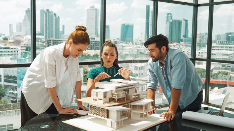 Architect Team Discussion about Design while Worker Present Idea. Tracery Stock Photo - Image of ...