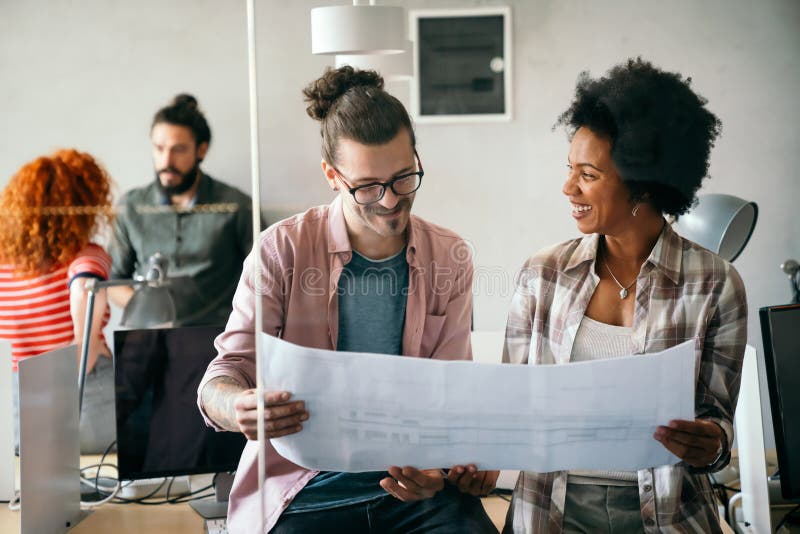 Architect Team Meeting with Blueprint Planning for Construction. Business Project Collaboration ...