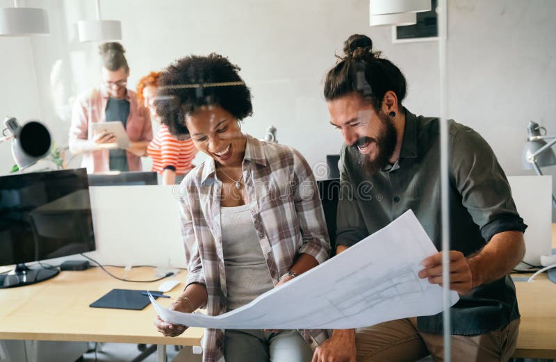 Architect Team Meeting with Blueprint Planning for Construction ...