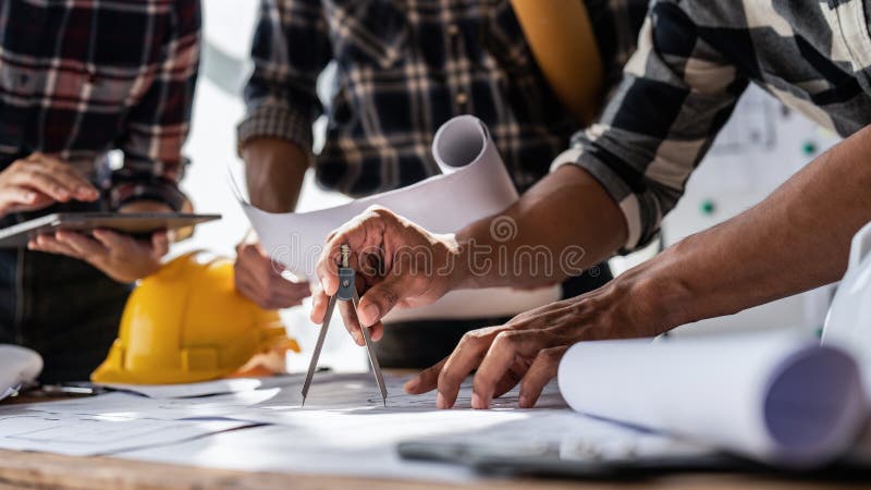 Architect Team Working with Blueprints for Architectural Plan, Engineer ...