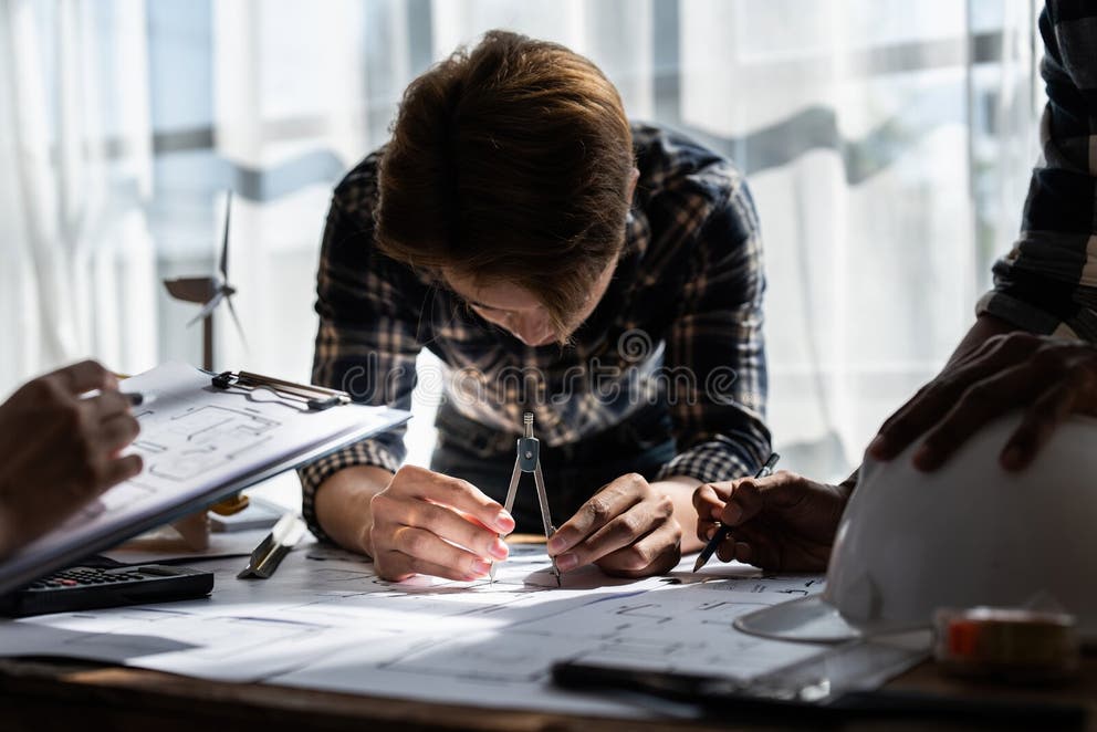 Architect Team Working with Blueprints for Architectural Plan, Engineer ...