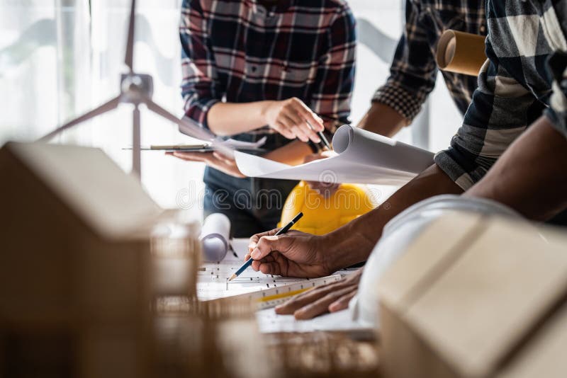 Architect Team Working with Blueprints for Architectural Plan, Engineer ...