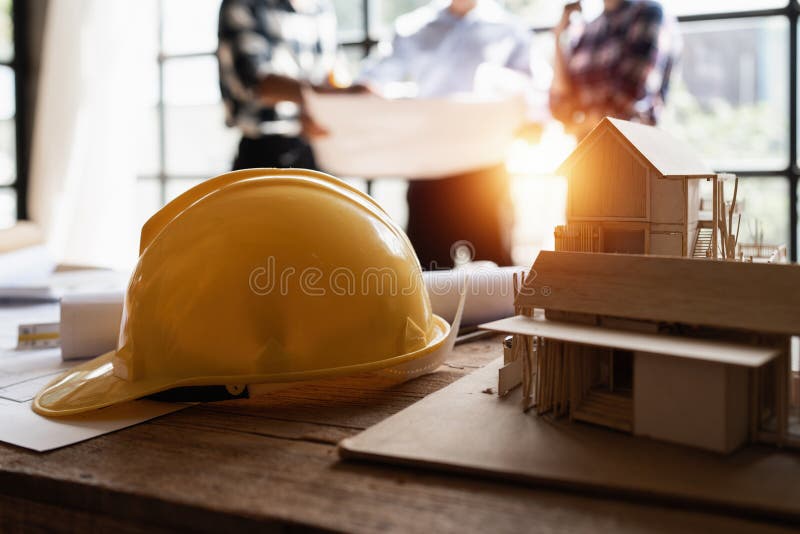 Architect Team Working with Blueprints for Architectural Plan, Engineer ...