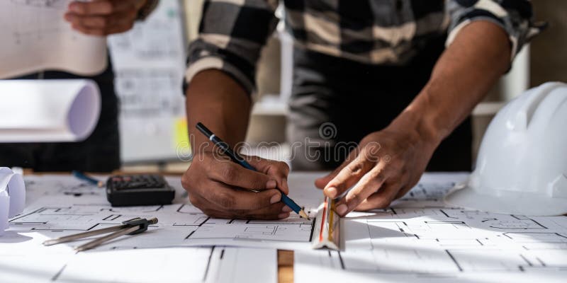Architect Team Working with Blueprints for Architectural Plan, Engineer ...
