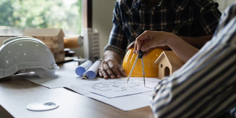 Architect Team Working with Blueprints for Architectural Plan, Engineer ...