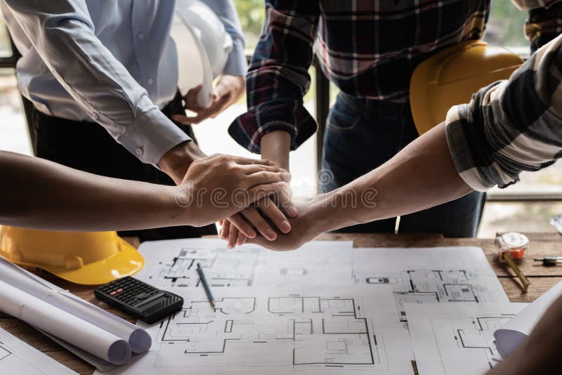 Architect Team Working with Blueprints for Architectural Plan, Engineer ...