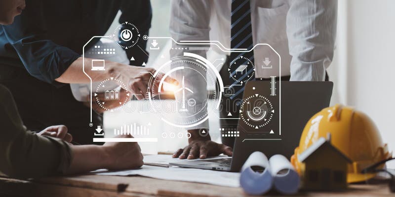 Architect Team Working with Blueprints for Architectural Plan, Engineer ...