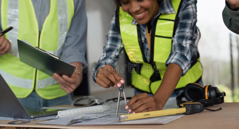 Architect Team Working with Blueprints for Architectural Plan, Engineer ...