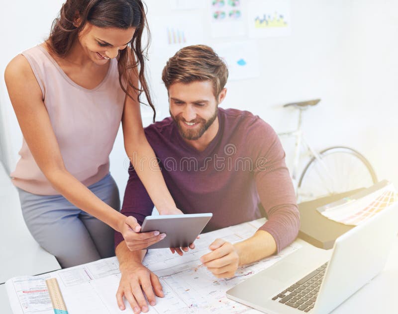 Architect, Teamwork and Meeting with Tablet in Office for Project Management or Property ...