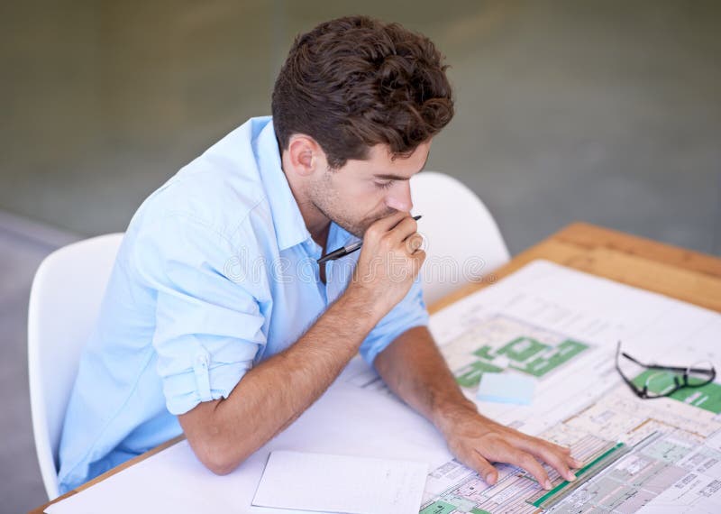 Architect, Thinking or Man in Office with Blueprint, Brainstorming and ...