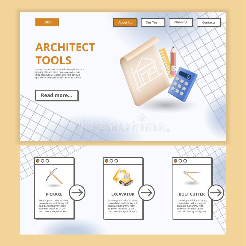 Architect Tools Flat Landing Page Website Template. Pickaxe, Excavator ...