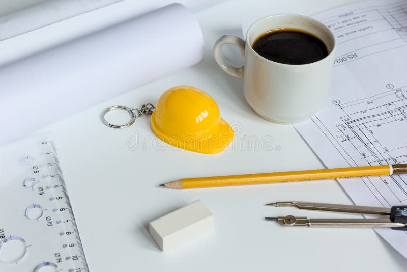 Architect Tools On White Background With Drawings Apartments Top View ...