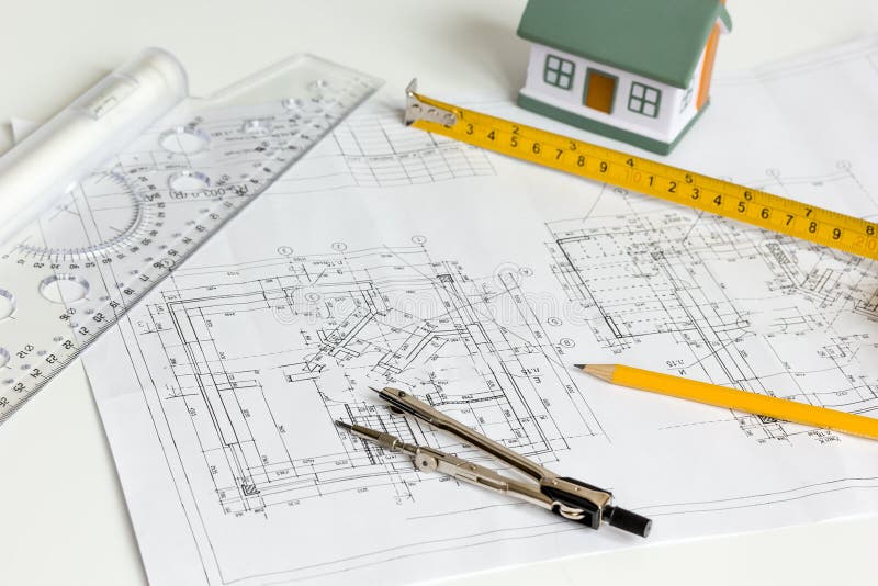 Architect Tools on White Background with Drawings Apartments Top View ...