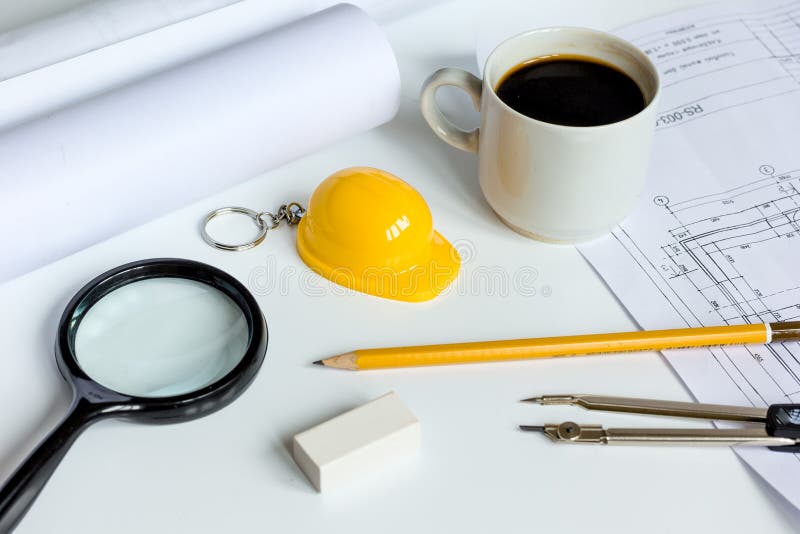 Architect Tools on White Background with Drawings Apartments Top View ...