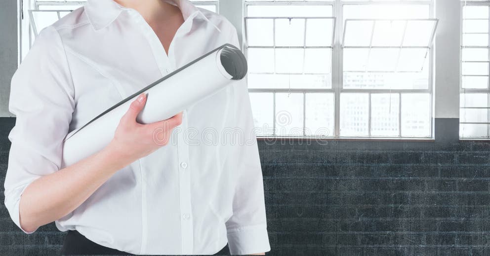Architect Torso Holding a Cask Against Windows Stock Image - Image of ...