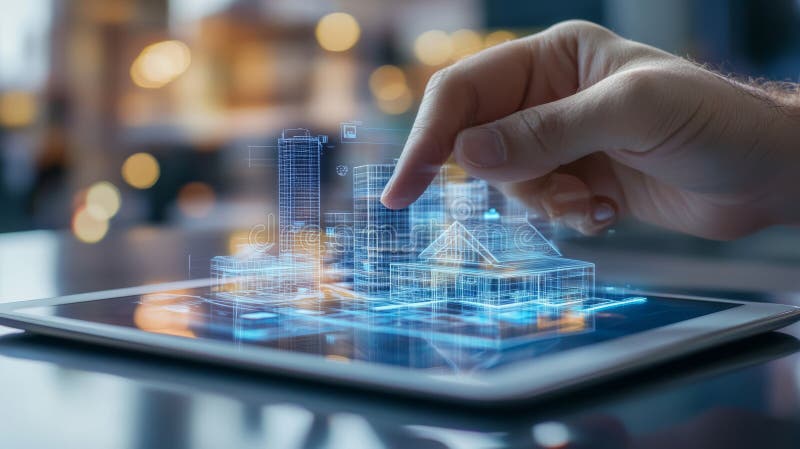 Architect Touches 3D Blueprint of Buildings on a Tablet. Future Construction. Smart Home Stock ...
