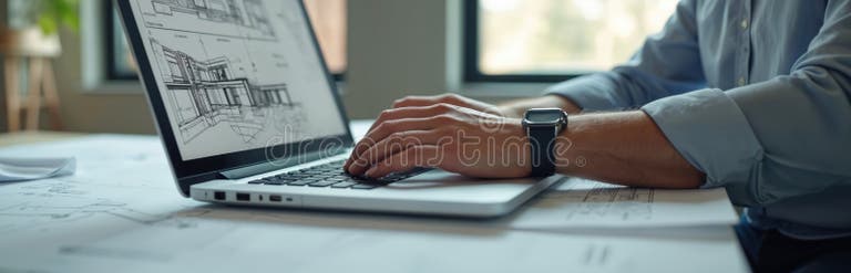 Architect Uses Laptop. Architectural Software Displays Digital Blueprint. Hands Typing on ...