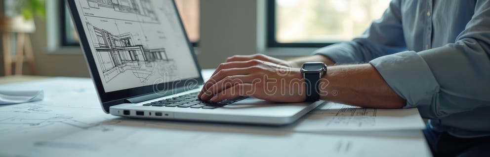 Architect Uses Laptop. Architectural Software Displays Digital ...
