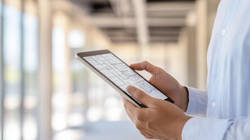 Professional Architect Reviewing Architectural Blueprint on Digital ...