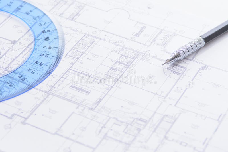 Blueprint with tools stock image. Image of dimensions - 371258455