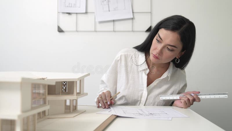 Architect Using Ruler To Measure House Model at Modern Office ...