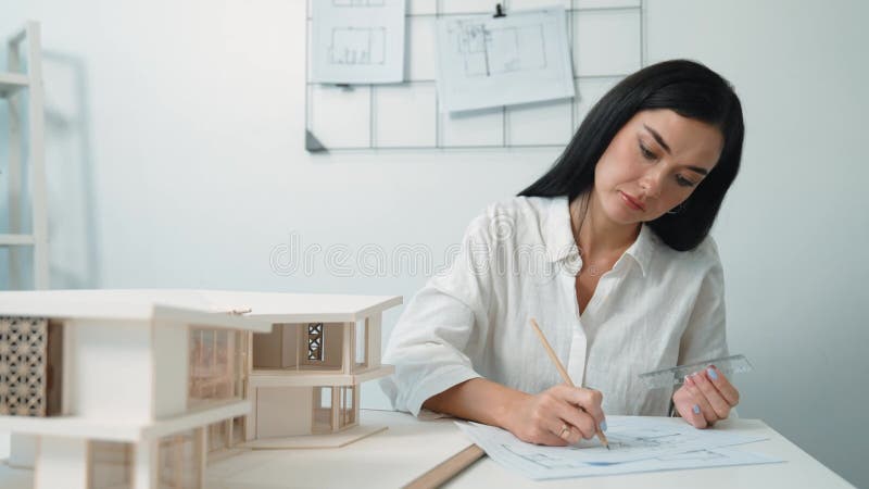 Architect Using Ruler To Measure House Model at Modern Office ...