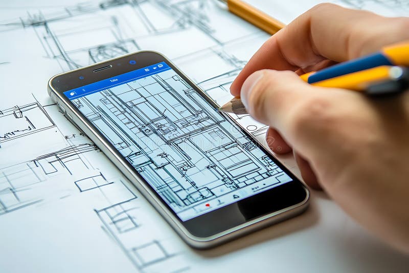 Architect Using Smartphone for Blueprint Stock Illustration ...