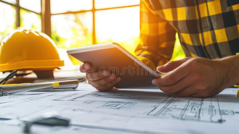Architect Reviewing Plans on Tablet at Desk with Construction Tools ...