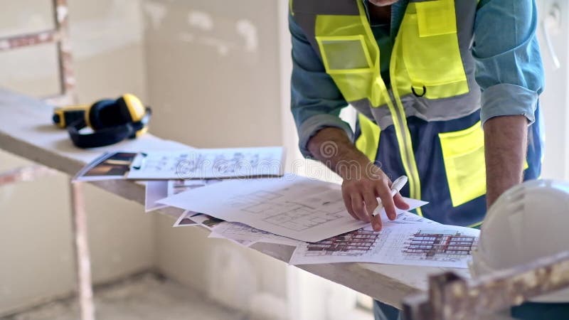 Architect in Vest Checking Project Papers and Documents Stands in Room ...