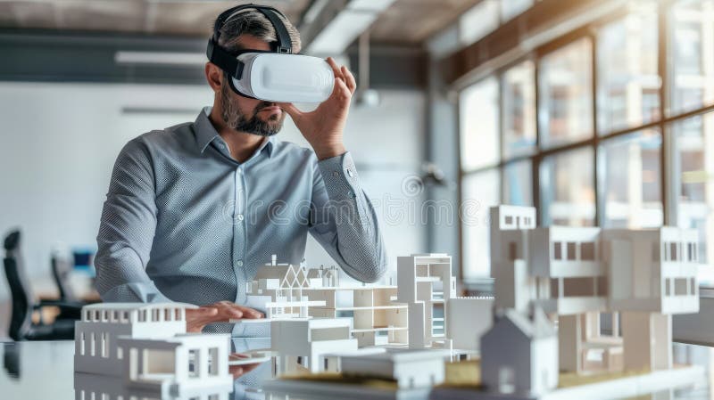 Architect Wearing VR Headset Viewing Architectural Models on a Desk in ...