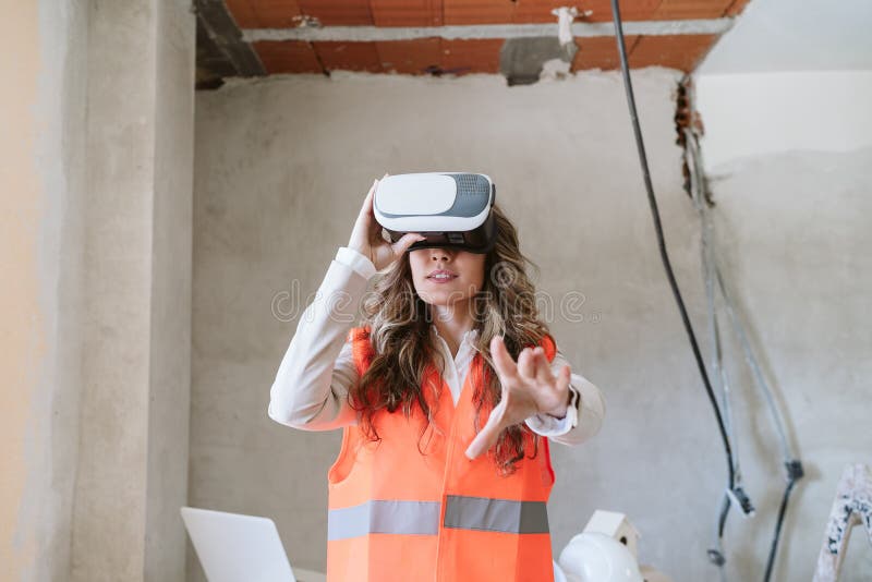 Architect Woman in Construction Site Using Virtual Reality Goggles ...