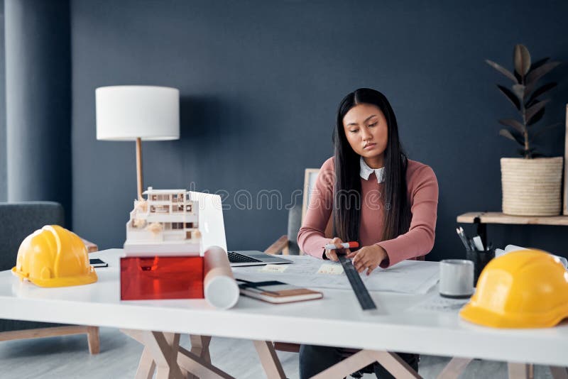 Architect, Woman and Drawing on Floor Plan in Office for Interior ...