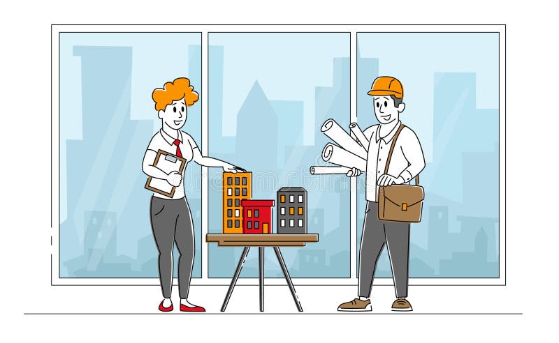 Architect Woman or Engineer Character Presenting Model of House Mock Up ...