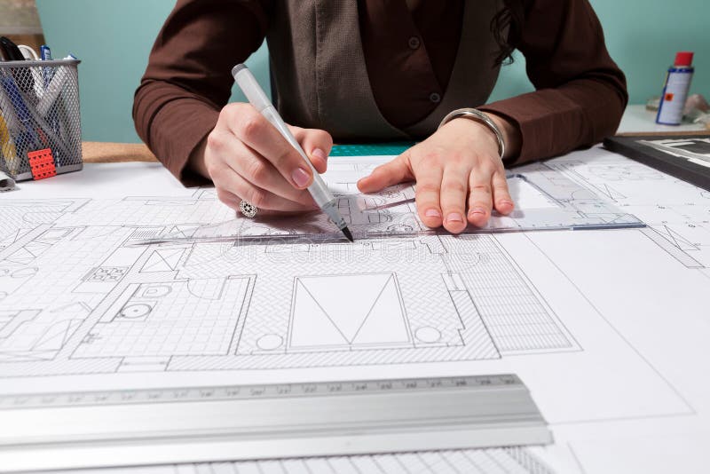 Architect Woman at Her Table Working on Blueprints Stock Image - Image ...