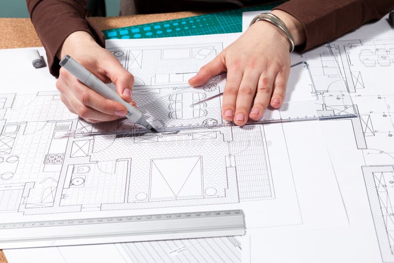 Architect Woman at Her Table Working on Blueprints Stock Photo - Image ...