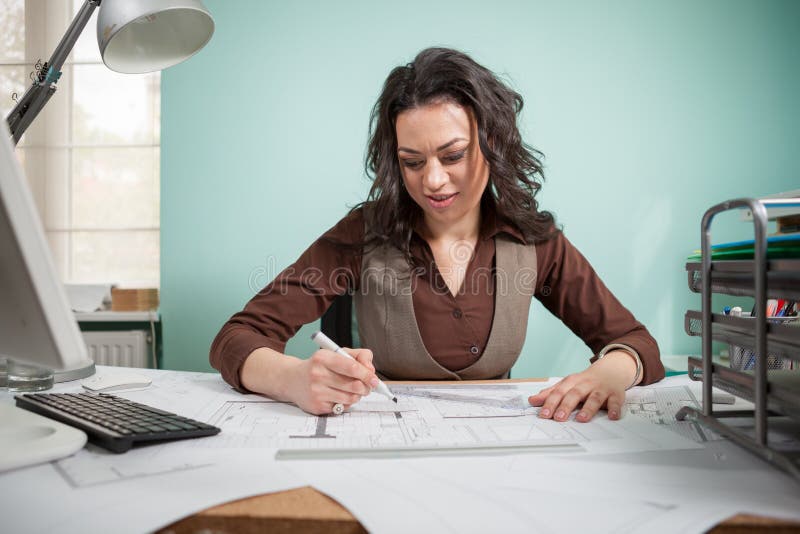 Architect Woman at Her Table Working on Blueprints Stock Image - Image ...