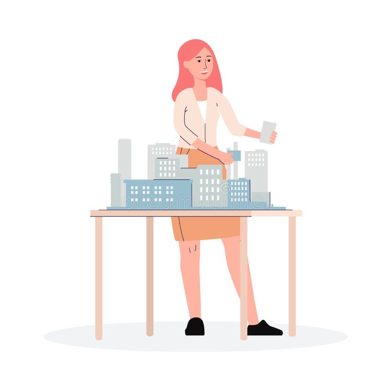 Architect Woman Making Design Project Flat Vector Illustration Isolated ...