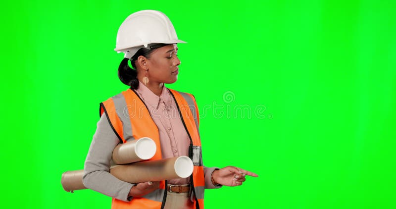 Architect Woman, Pointing and Studio by Green Screen for Mockup, Fail ...