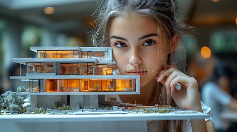 Architect Woman Studying Modern House Model in Cafe Stock Illustration - Illustration of ...