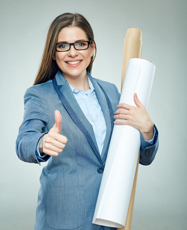 Architect Woman Wearing Glasses Holding Blueprints Shows Thumb U Stock ... Architect Woman Wearing Glasses Holding Blueprints Shows Thumb U Stock ...