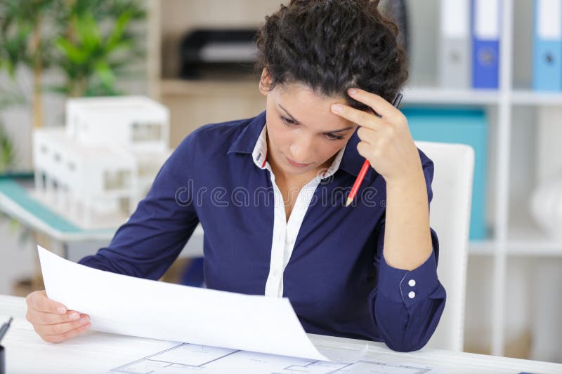 Architect Woman Working on Drawing Table Stock Photo - Image of paper ...
