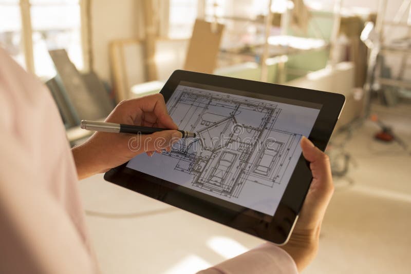 Architect Woman Working with Electronic Tablet Stock Image - Image of ...