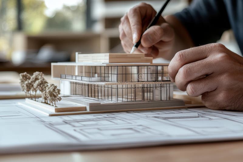 Architect at Work: Detailed Blueprint Sketching with Modern Building ...