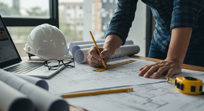 Architect at Work: Drafting Blueprints with Precision Construction ...