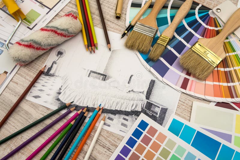 Architect Work - Drawing Sketch Plans Blueprints with Color Palette for ...