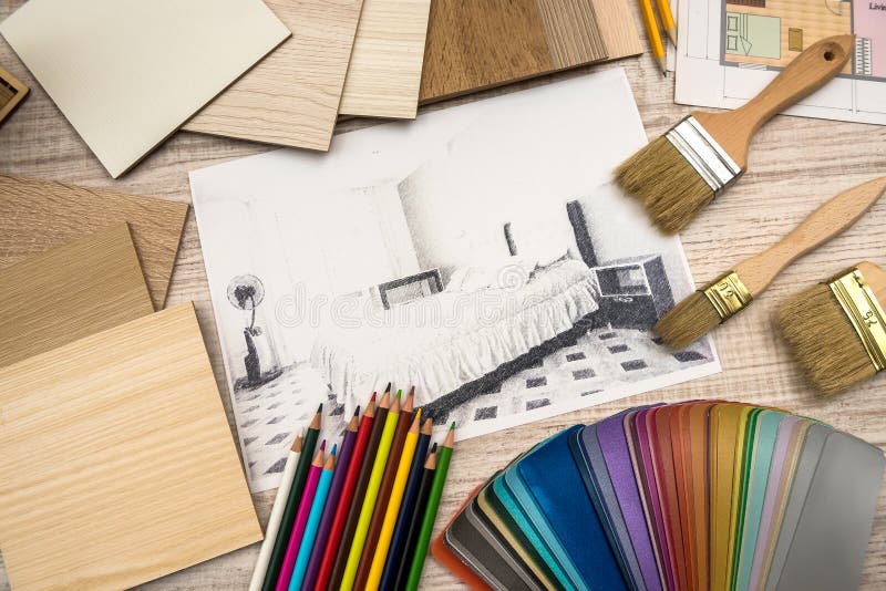 Architect Work - Drawing Sketch Plans Blueprints with Color Palette for ...