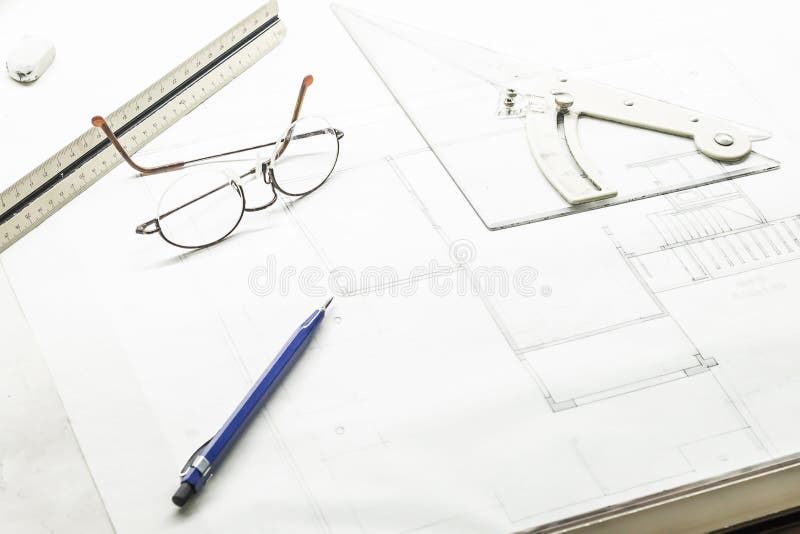 Architect at Work. Drawing and Tools Copyspace. Stock Image - Image of ...