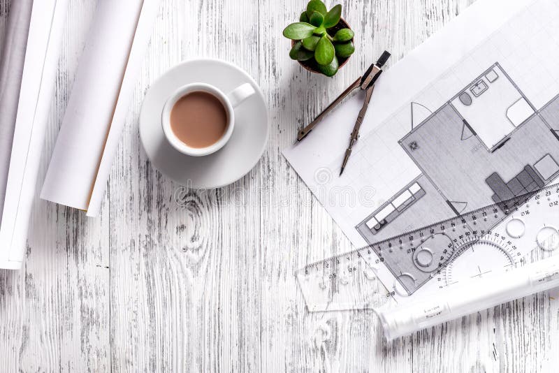 Architect at Work. Drawing and Tools on Light Wooden Desk Top View ...