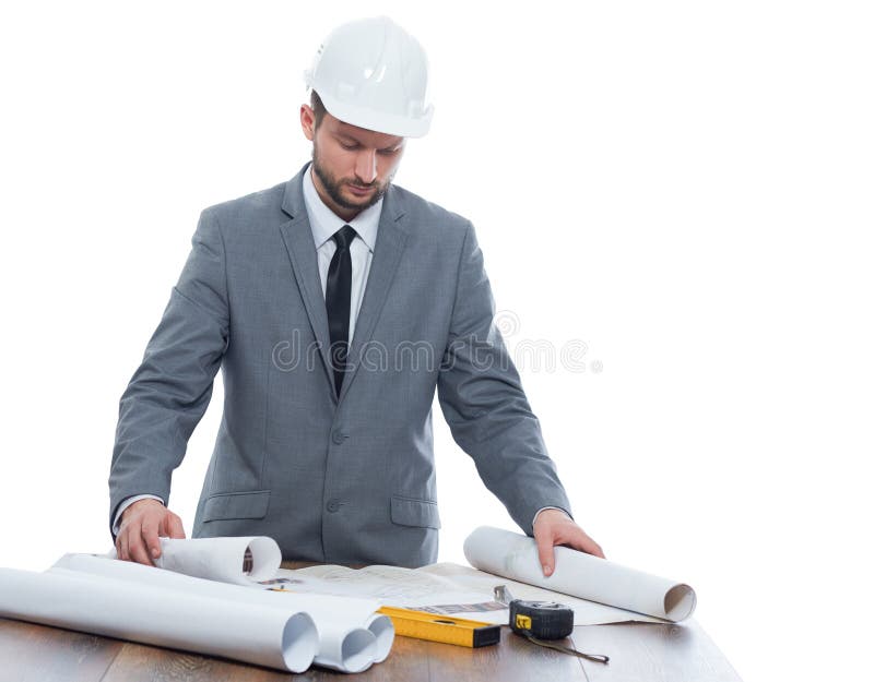 Engineer Reading Drawing Plan Of Building And Analyzing. Stock Image ...