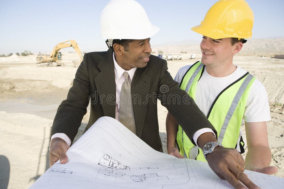 Architect and Worker in Discussion at Site Stock Image - Image of ...